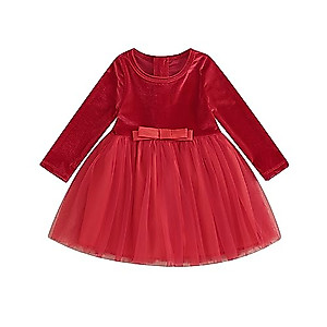 Infant Toddler Girls Christmas Dress Outfit Long Sleeve Ruffle Collar Princess Lace Dress Vintage Newborn Baby Clothes (K-Patchwork-Red, 6-12 Months)