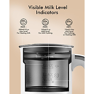 LONGDEEM Milk Frother, 4-in-1 Electric Milk Foamer with Cold & Hot Froth for Latte Cappuccino - Automatic Coffee Foam Maker, Stainless Steel, 10 oz/5 oz, Non-Stick Coating with Auto Shut-Off, White