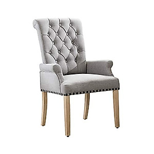 Restworld Fabric Arm Dining Chair,Tufted Upholstered High Back Nailed Trim with Untique Oak Wood Legs for Kitchen Restaurant Room Bedroom,Smoke Grey
