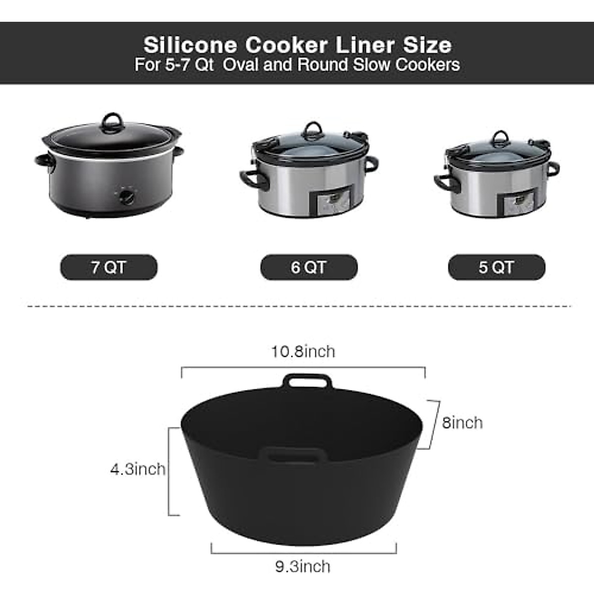 ChefAid Slow Cooker Liners Crock Pot Insert Accessories for 5 6 7 Quart Slow Cookers, 100% Silicone Reusable Liner, Food Safe & Dishwasher Safe (Black-Grey)