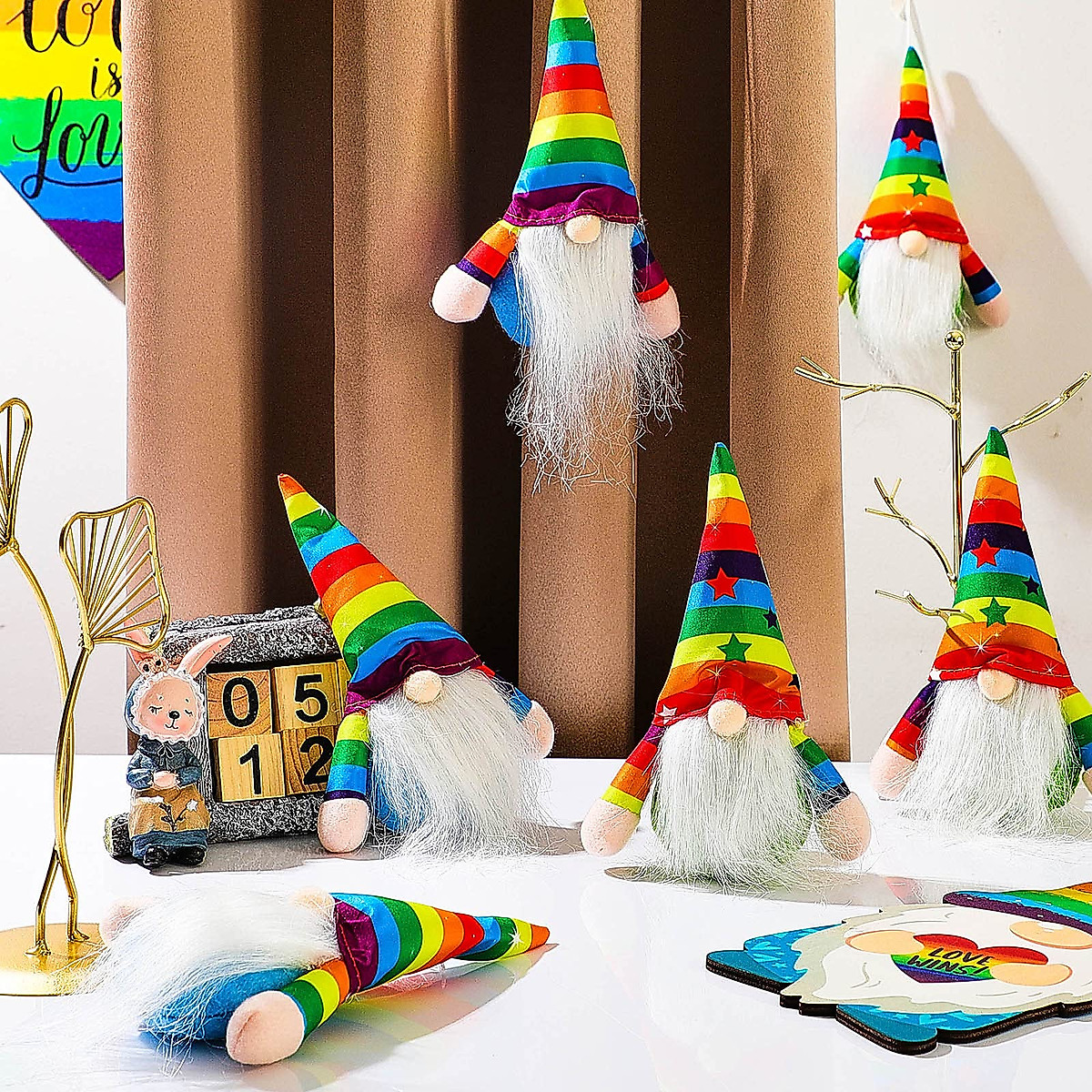 Skylety 6 Pieces Rainbow Gnome Pride Santa Ornament Plush Decorations Gnomes Santa Elf Table Ornaments Hanging Decorations Home Party Decor