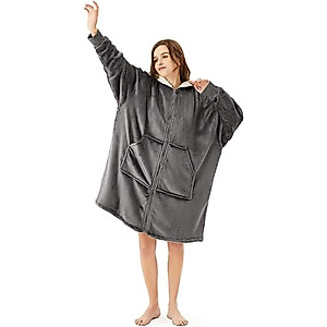 CYMULA Wearable Blanket Hoodie, Oversized Giant Hoodie Wearable Blanket Sweatshirt for Adult, Sherpa Fleece Blanket Hoodie with Pocket for Women Men, Warm Cozy Blanket with Zipper Sleeves Gray