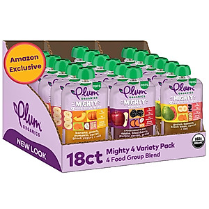 Plum Organics Mighty 4 Organic Toddler Food - 4 Food Group Blend Variety Pack - 4 oz Pouch (Pack of 18) - Organic Fruit and Vegetable Toddler Food Pouch (Amazon Exclusive)