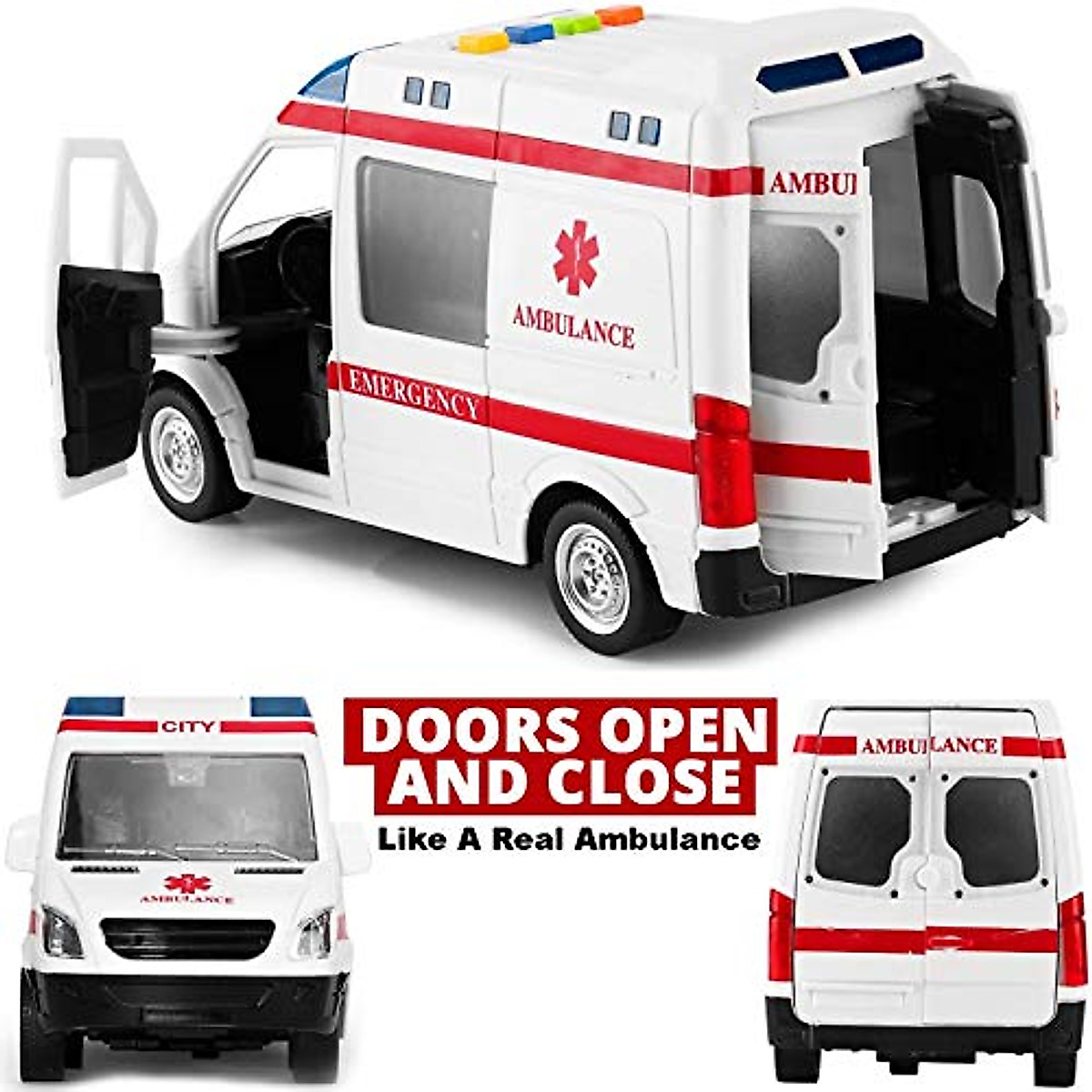 Liberty Imports Ambulance Toy Car with LED Lights & Siren Sound Effects - Friction Powered Wheels Plastic Rescue Vehicle Toy for Kids & Toddlers