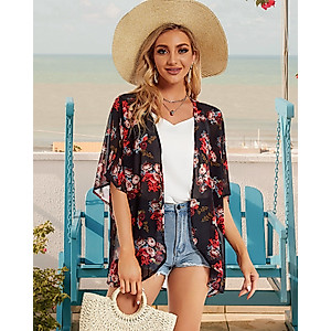 Women's Floral Print Puff Sleeve Kimono Cardigan Loose Cover Up Casual Blouse Tops(BLACK S)