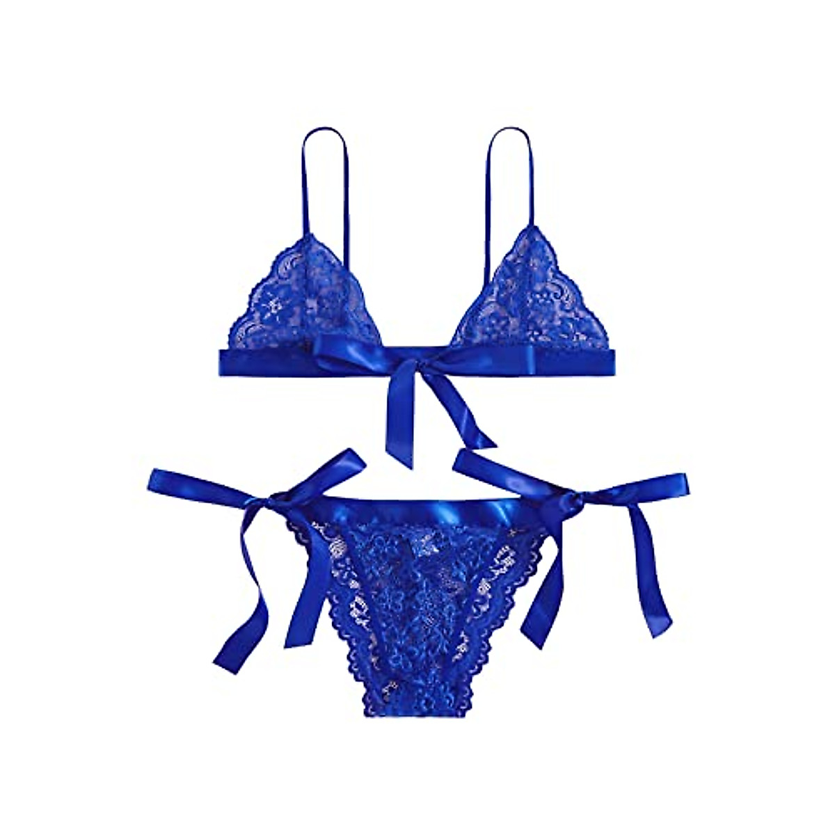 SweatyRocks Women's Sexy Floral Lace Scalloped Trim Self Tie Panty Mesh Lingerie Set Dark Blue Small