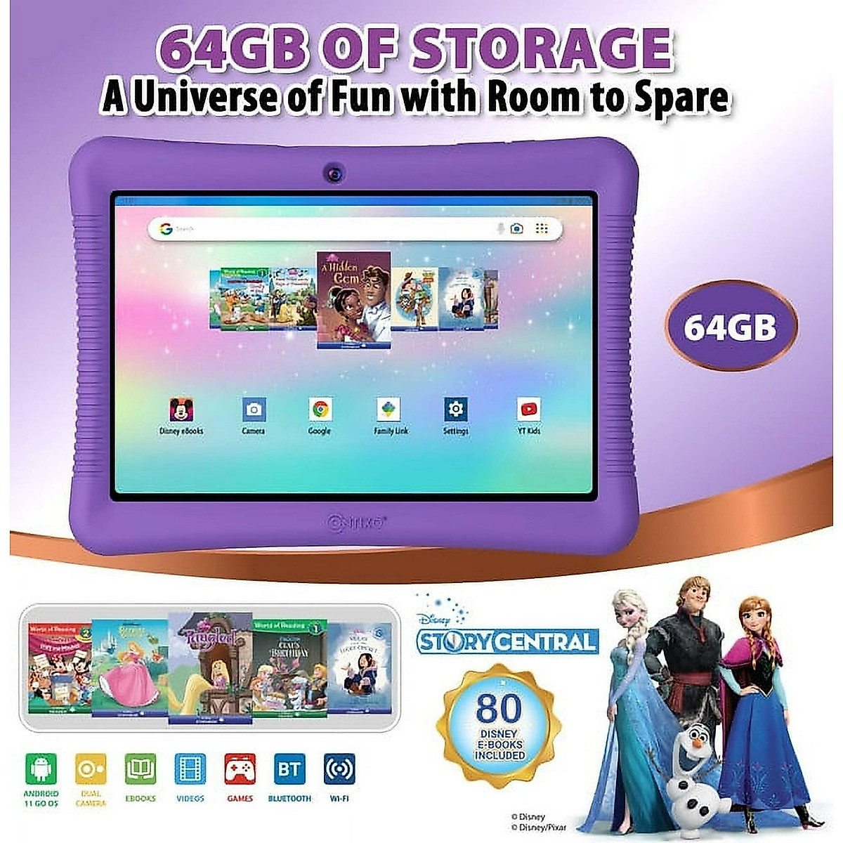 Contixo Kids Tablet K102-10-inch HD, Ages 3-7 Toddler Tablet, Parental Control, Android 10, 64GB, WiFi, Learning Tablet for Children with Disney E-Book Pre-Installed, Kid-Proof Case, Purple