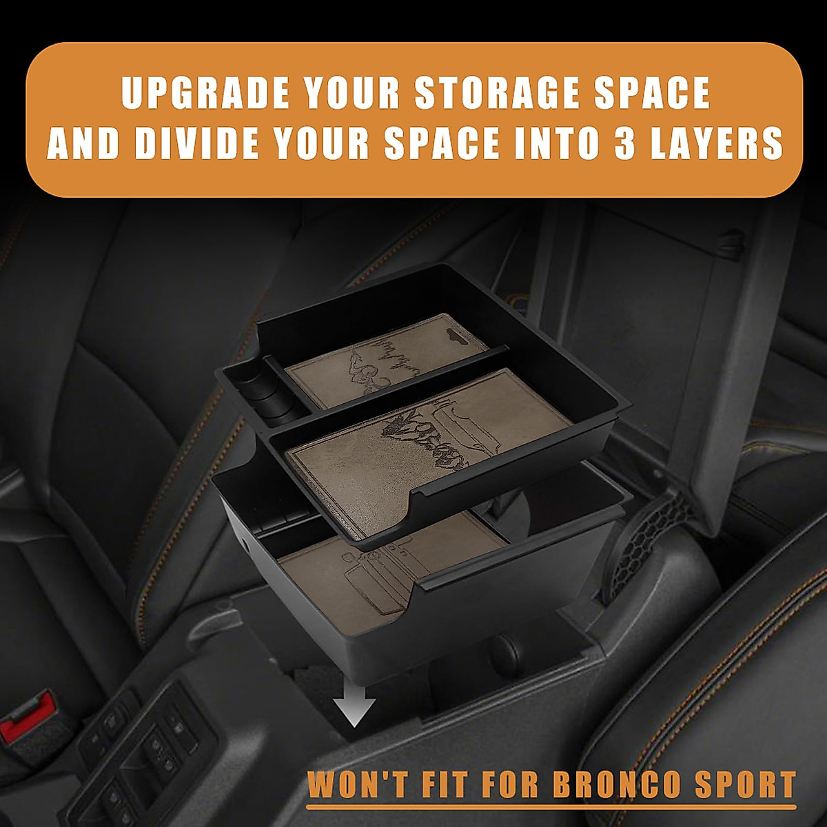 TripleAliners Center Console Organizer Compatible with 2021-2024 Ford Bronco(No for Sport) Accessories 6th Gen Bronco 2/4-Door Center Console Storage Box ABS Material with Leather Trim(V2_Retro Grey)