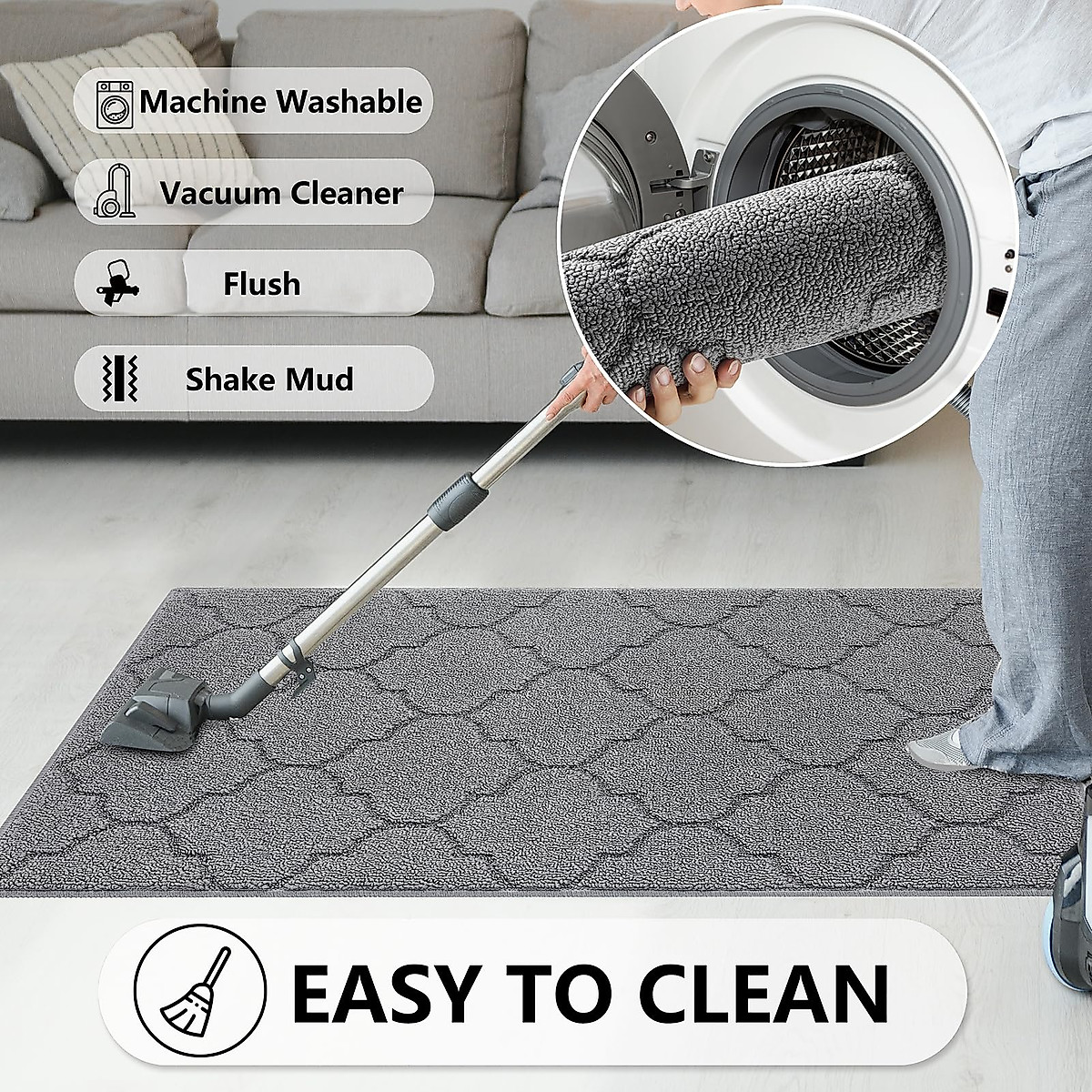 REFETONE Indoor Doormat, Front Back Door Mat, 20x32, Non-Slip Absorbent Resist Dirt Door Mats, Machine Washable Low-Profile Inside Floor Mat Door Rugs for Entryway, Grey