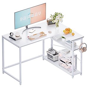 Pamray 43 Inch L Shaped Computer Desk with Reversible Side Storage Shelves, Small Corner Desk for Small Space Home Office,Writing Study Table PC Desk for Bedroom,White