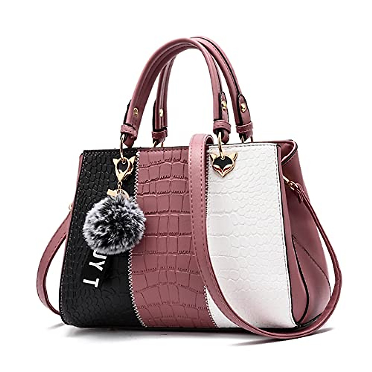 Satchel Purses and Handbags for Women Fashion Ladies Purses PU Leather Bag Top Handle Shoulder Tote Crossbody Bags (Black-Pink-White)