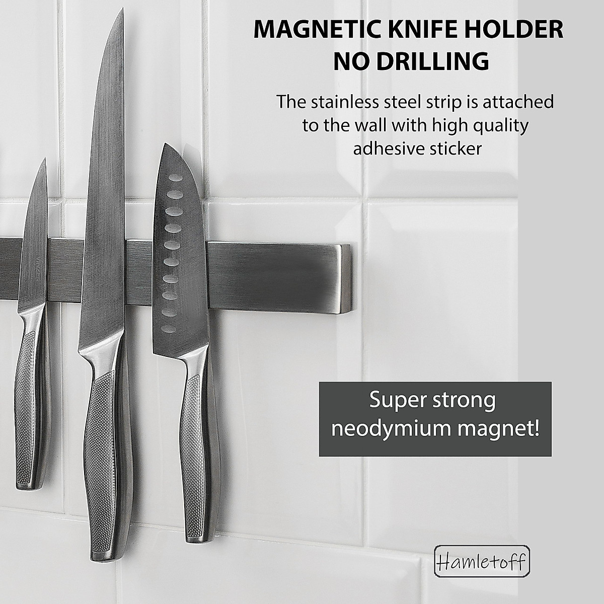 Hamletoff Magnetic Knife Strip for Wall no Drilling – 16 Inch Stainless Steel Magnetic Knife Holder with Neodymium Magnet Strong Adhesive Tipe - Lightweight Kitchen Magnet Knife Bar