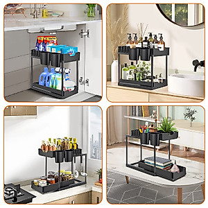VTVTKK Double Sliding Cabinet Organizer Drawer, Under Sink Organizers and Storage, 2 Tier Under Sink Organizer with 4 Hooks, 2 Hanging Cups, Bathroom Cabinet Organizer for Kitchen Bathroom Cabinet