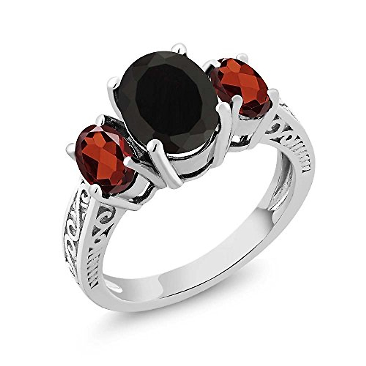 Gem Stone King 925 Sterling Silver Black Onyx and Red Garnet 3 Stone Ring For Women (2.73 Cttw, Gemstone Birthstone, Available In Size 5, 6, 7, 8, 9)
