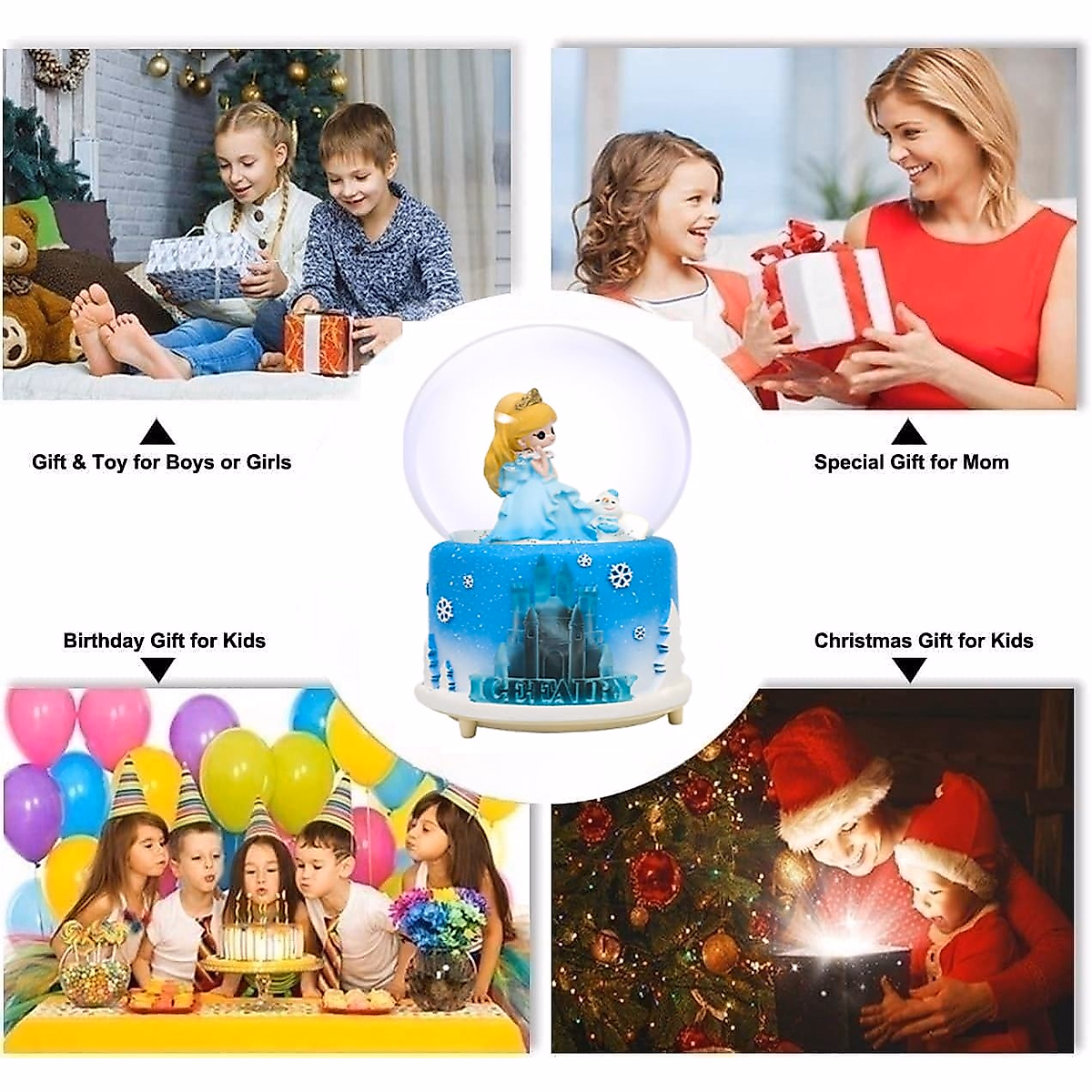 Snow Globe for Girls,80MM Music Box with LED Lights&Automatic Snowfall,Princess Toys Gifts for Kids Women Birthday Christmas Valentine,Decorations for Living Room Bedroom Coutertop(Sit Pose)