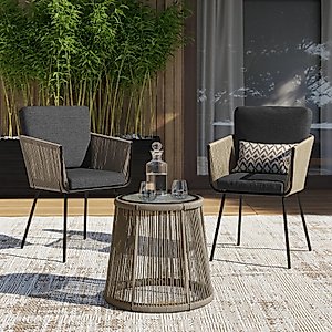 Barton 3 Pieces Wicker Chair Set w/Glass Table Gray Outdoor Patio Furniture Wicker Rattan Modern Conversation Chat Seating