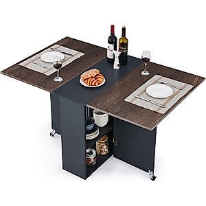 Space Saving Folding Dining Table with 2 Tier Storage-Extendable Drop Leaf Farmhouse Wood Kitchen Dining Room Tables Set for 4, Collapsible Expandable Rectangle Dinner Kitchen Office Furniture