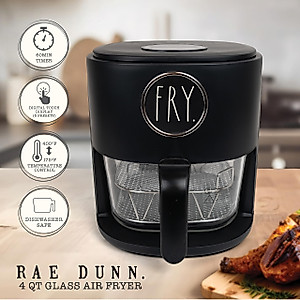 Rae Dunn 1200W 4Qt Air Fryer with GLASS Frying Basket, Dishwasher Safe, 2 Tier Tray, 60 Minute Timer, Digital Touch Display, and 6 Presets - Variable Temperature Control 175F - 400F, Black