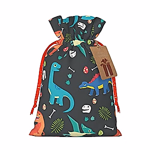 Cartoon Dinosaurchristmas Drawstring Gift Bag, Linen Drawstring Gift Bag, Reusable Drawstring Gift Bag, Used For Christmas, Birthday, Wedding Supplies
