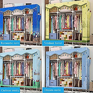 ZZBIQS Extra Large Wardrobe Clothes Storage Closet, Portable Garment Organizer Shelves Rack, Flannel Fabric Cover Standing Closet with Hang Rod and 2 Side Pockets, Beige