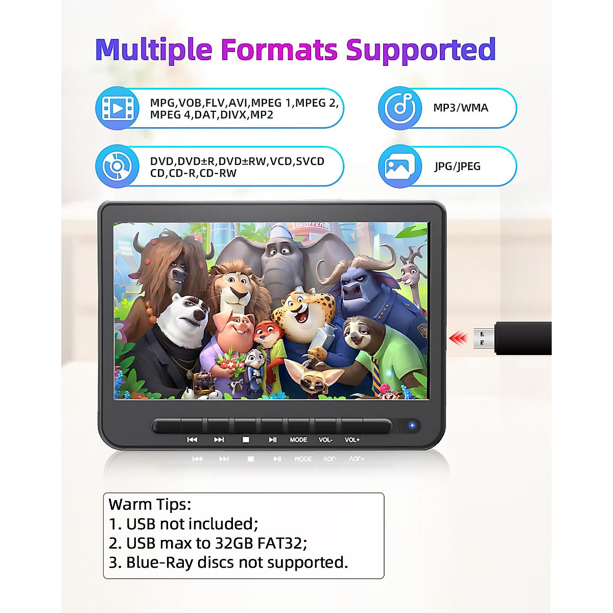 10.5" Portable DVD Player for Car with HDMI Input 1080P, DESOBRY Car DVD Player Dual Screen with Full HD Transmission,5-Hour Rechargeable Battery, Supports USB Input,Last Memory (1 Player + 1 Monitor)