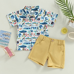 Toddler Boy Summer Clothes Set Button Down Short Sleeve Shirt Elastic Waist Shorts 2Pcs Fashion Boys Outfits (Khaki Shorts Set,12-18 Months)