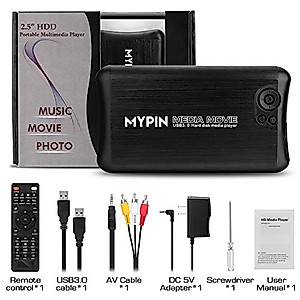 1080P USB3.0 HDMI Media Player Support 2.5" SATA HDD with HDMI/AV/Coaxial Output, Portable MP4 Player for Videos/Music/Photos from USB Drive/SD Card/Internal or External HDD