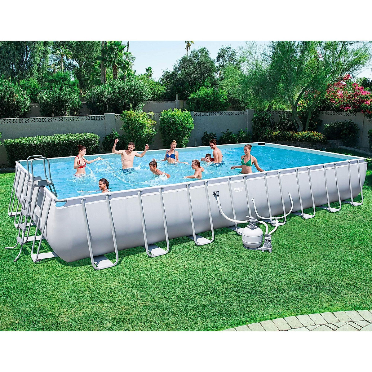 Bestway 56625E 31ft x 16ft x 52in Steel Frame Above Ground Swimming Pool Set with 2000 GPH Sand Filter Pump, Pool Cover, Ladder, and Solution Blend