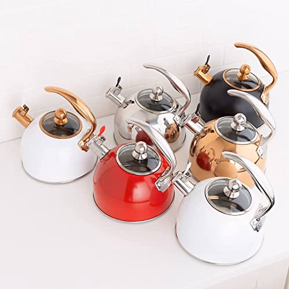 Viking Culinary 3-Ply Stainless Steel Whistling Tea Kettle, 2.6 Quart, Includes Tempered Glass Lid, Ergonomic Stay-Cool Handle, Works on All Cooktops including Induction, Mirror Finish