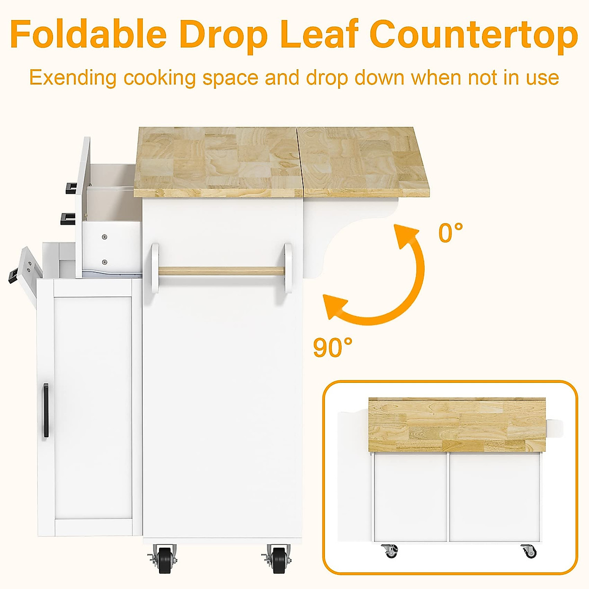 Osfvolr Rolling Kitchen Island with Trash Storage Cabinet, 2 Drawers, Kitchen Island with Drop Leaf, Kitchen Storage Islands Carts W/ 3 Spice Rack, Tilt Out Trash Cabinet, Island Table for Kitchen