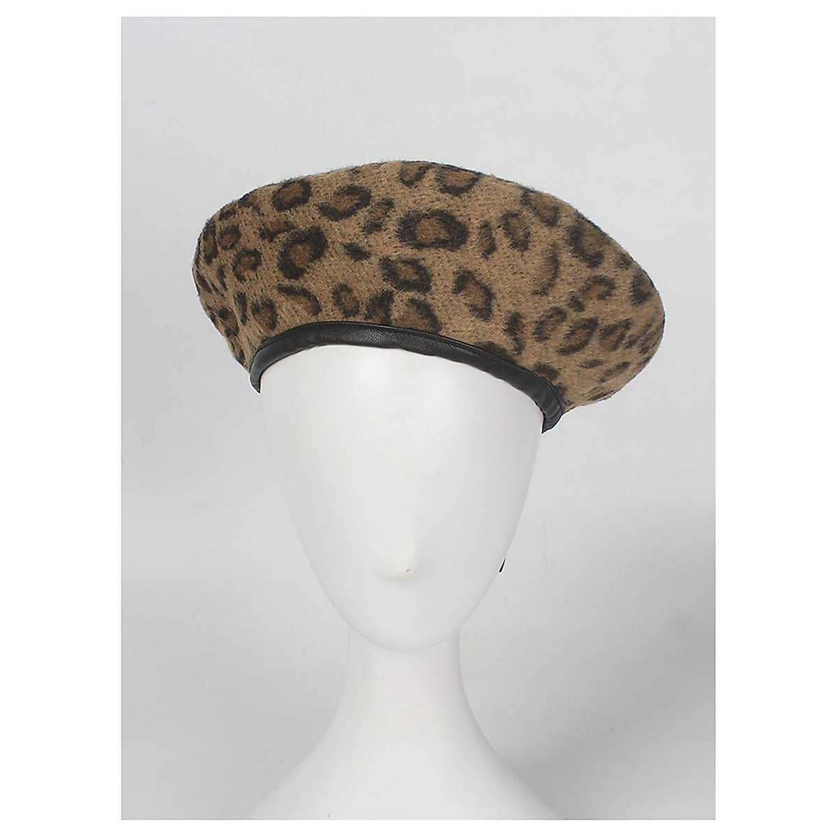 Jewelry-Box Fashion Lady Leopard Print Beret Hat Wool Warm Plain Beanie Hat Cap, Brown