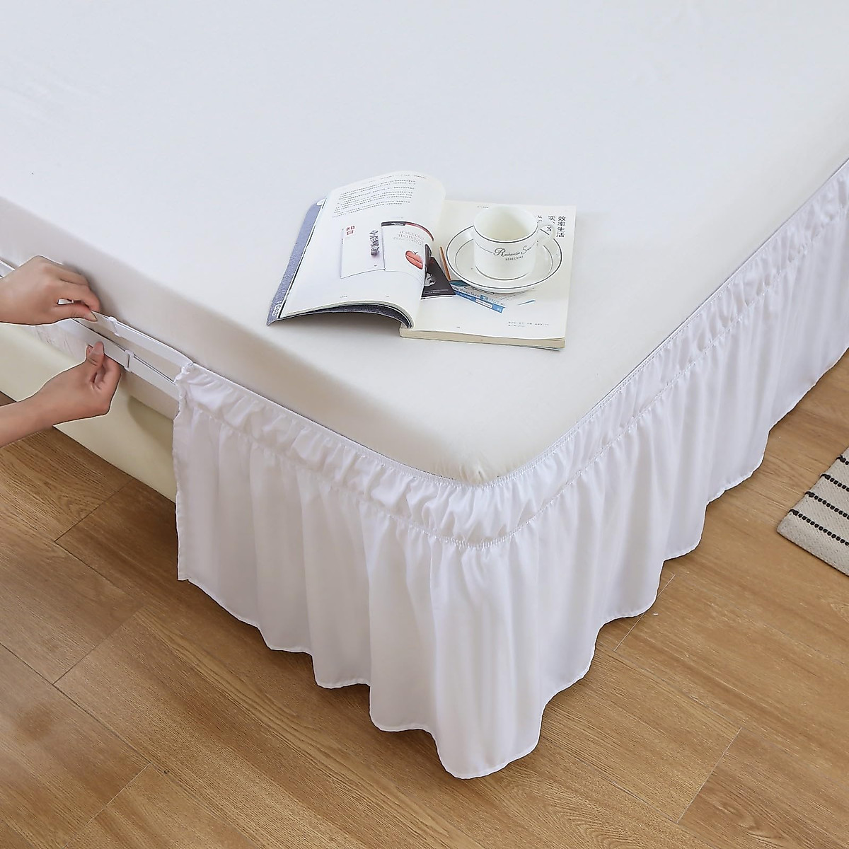 MEILA Wrap Around Bed Skirt Three Fabric Sides Elastic Dust Ruffled 16 Inch Tailored Drop,Easy to Install Fade Resistant-White, Queen/King