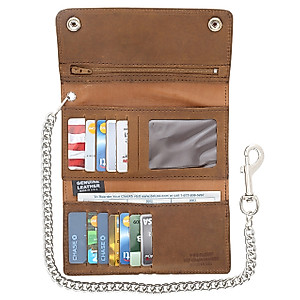 RFID Blocking Men's Tri-fold Vintage Long Style Cow Top Grain Leather with Steel Chain Wallet,Made In USA,Snap closure,G-pu339,crazy horse brown