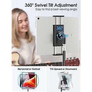 elitehood Floor Tablet Stand & Boom Mic Stand, 68in Height Adjustable iPad Holder Stand, Portable Tripod Microphone Stand for Singing, Compatible with iPad Pro Air Mini and 4-12.9’’ Phones & Tablets