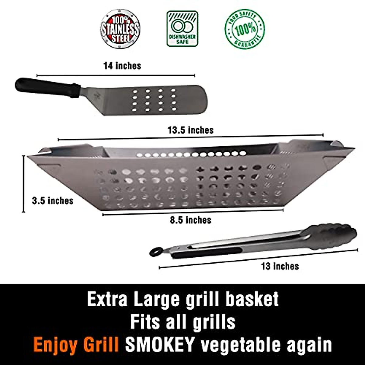 Large Vegetable Grill Basket Heavy Duty BBQ Grilling Accessories Nonstick Stainless Steel Cooking Baskets Veggie and Meat Best BBQ Utensil Set work on all Outdoor Barbecue & Smoker weber Grill Gift