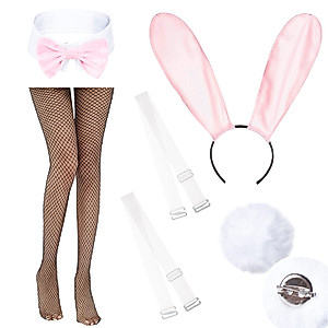 AiMiNa Anime Womens Bunny Costume Girl Suit Costume One Piece Bodysuit Halloween Cosplay Catsuit Bunny Headband Stockings Set(Pink S)