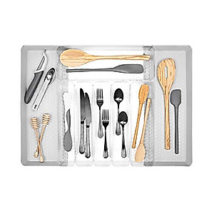 Spectrum Diversified Hexa Expandable Divided Drawer Organizer Tray Modern Kitchen Cutlery, Utensil, Silverware Holder, Cabinet Storage, 13 x 16, Clear Frost/Stone Gray