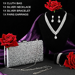 4 Pieces Clutch Purses Bag for Women Evening Rhinestone Jewelry Set Bling Necklace Earrings Bracelets Set for Wedding (Fresh Style)