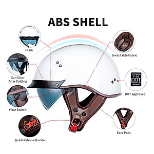 Motorcycle Half Face Helmet F-07 with Sun Visor Quick Release Buckle DOT Approved Adult Helmets for Cruiser Chopper Moped Scooter ATV (Gloss White,XL