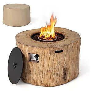 COSTWAY 40" Propane Gas Fire Pit Table, 2-in-1 Outdoor Round Fire Table W/Volcanic Rock & PVC Cover, 50,000 BTU Heat Output, Wood-Like Surface for Backyard, Poolside