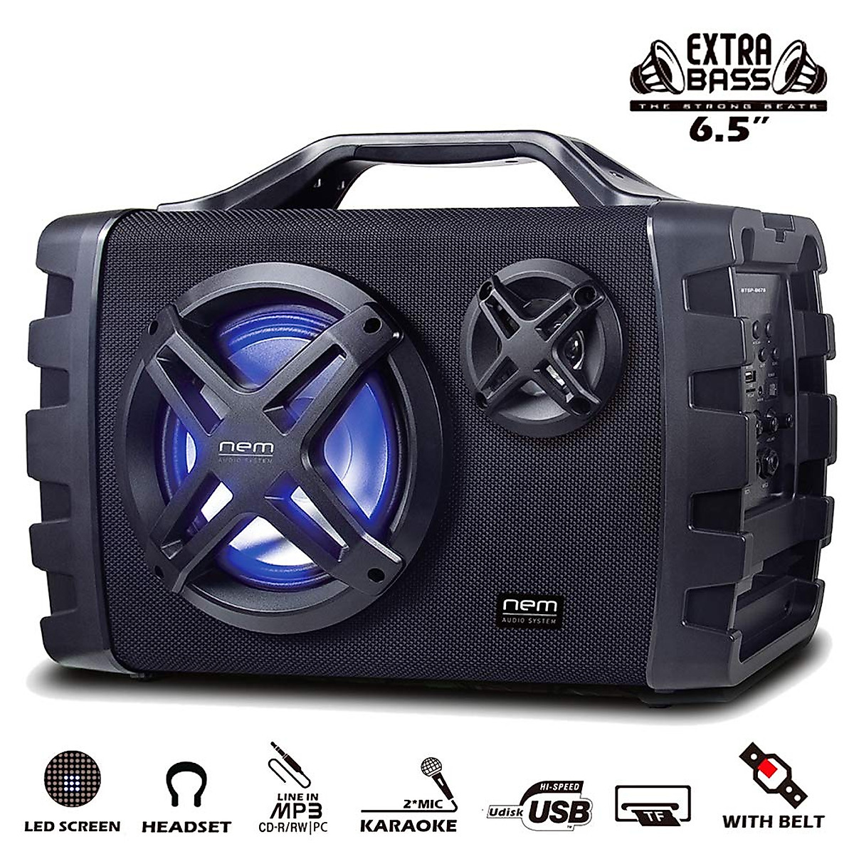 NEM Mobi7e Portable Wireless Bluetooth High Performance Stereo Speaker Extra Bass, USB Recording, Rechargeable Battery, AUX and TF Card Input, FM Radio, MP3, Mic and Guitar Input, LED Lights (Black)