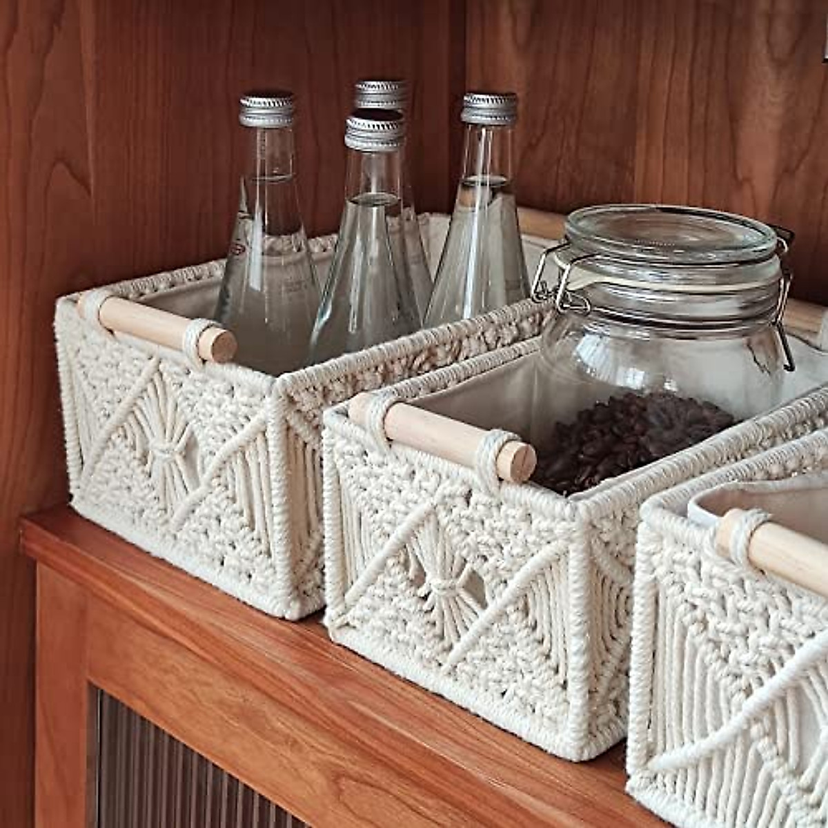 ANMINY 5PCS Macrame Storage Baskets Set Handmade Woven Cotton Rope Storage Bins Decor Boho Nursery Boxes with Wood Handles Removable Washable Linen Liner Countertop Toilet Tank Shelf Cabinet Organizer