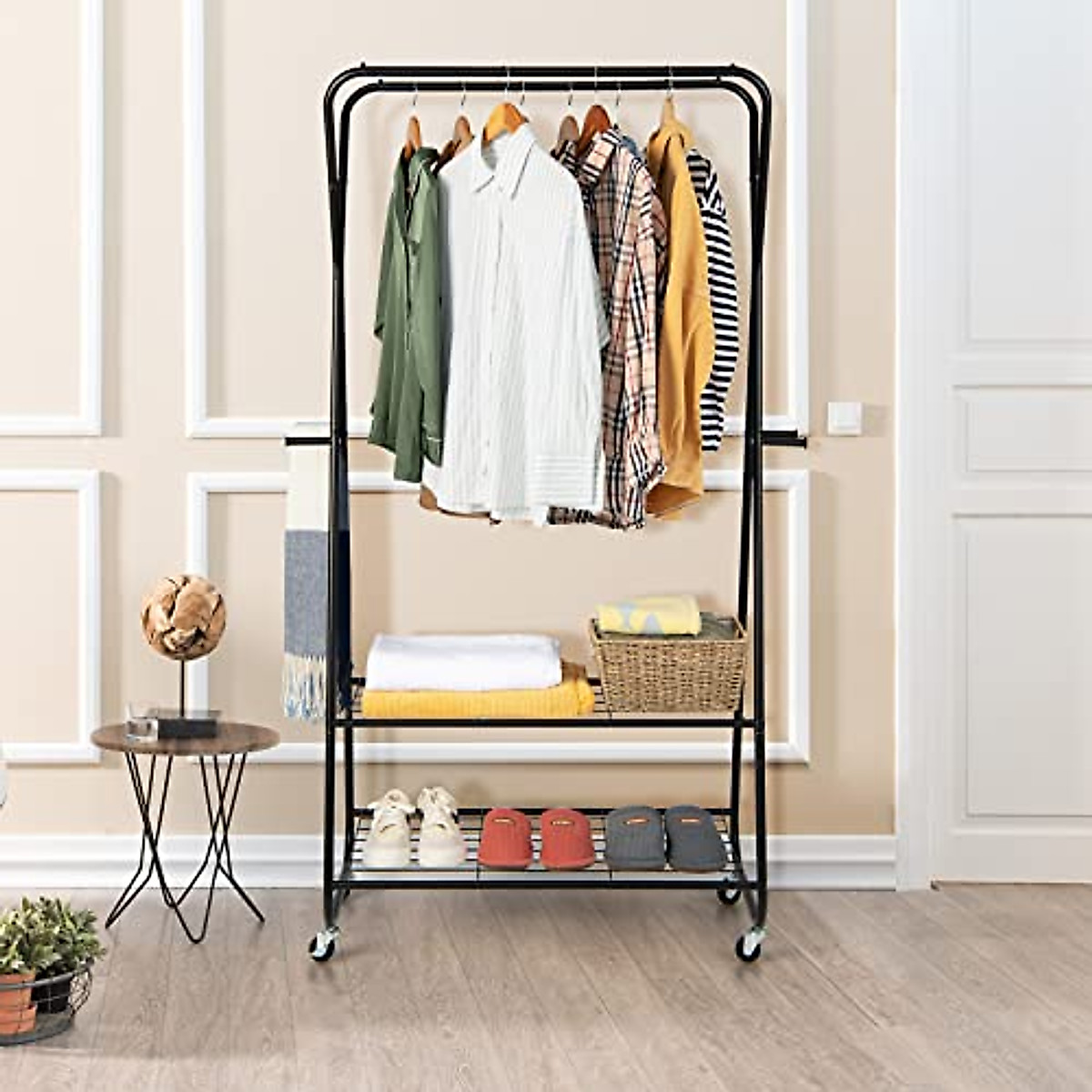 Tangkula Heavy Duty Clothes Rack with Shelves, Double Rod Rolling Garment Rack on Wheels with 4 Hooks, Portable Hanging Clothes Rack for Organizing Clothes and Shoes, Freestanding Clothing Racks