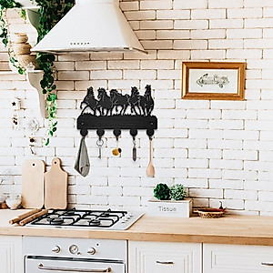 BEUNITONE Horses Wooden Key Hanger Animal Wood Key Holder Hooks 11.8x7.9 Rustic Key Rack Organizer Wall Mounted Coat Hook with 5 Hooks Screws for Entryway Front Door Kitchen Hallway Office Decor