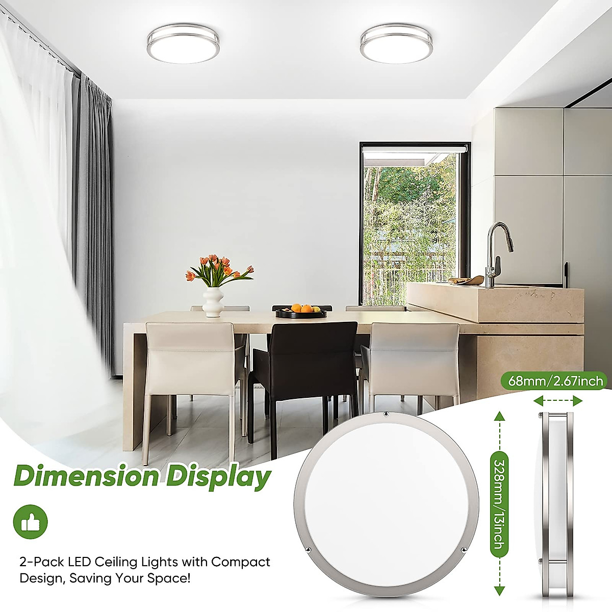 36W LED Ceiling Lights for Bedroom Kitchen, 3600lm Super Bright, Dimmable Flush Mount Light Fixtures 6500K/5000K/4000K/3000K/2700K Adjusted Modern Lamps 2PACK, 13 Inch, Nickle