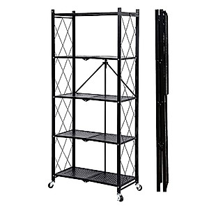 TIOPSUUO 5-Shelf Foldable Storage Shelf Unit on Wheels (No Assembly) Large Capacity Shelving Unit Steel for Kitchen, Garage, Basement, Pantry，Heavy Duty Steel Shelving Organizer Rack