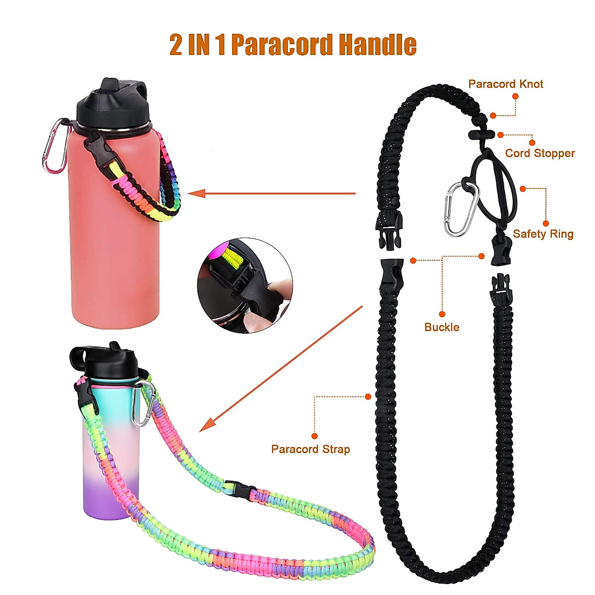 WEREWOLVES Paracord Handle with Shoulder Strap - Fits Wide Mouth Water Bottles 12oz to 64oz - Durable Carrier, Water Bottle Handle Strap with Safety Ring, Compass and Carabiner (Black)