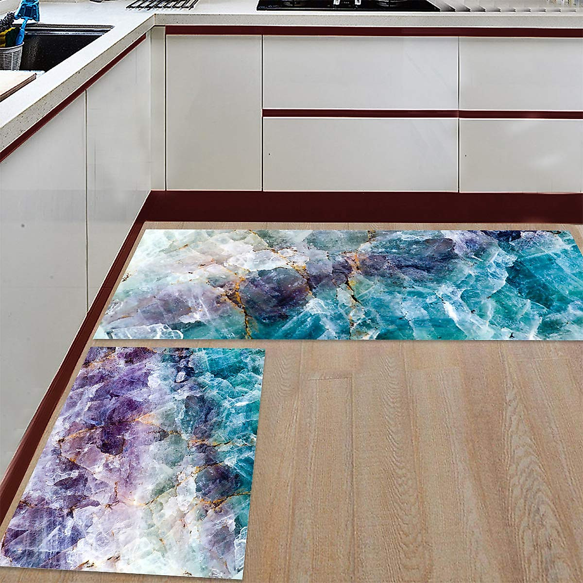 Kitchen Rug Set,Kitchen Floor Mats 2 Piece Anti Fatigue Comfort Standing Mat Non-Skid Rubber Back Washable Doormat Bathroom Area Rug Carpet,Marble (15.7"x23.6"+15.7"x47.2" inches)