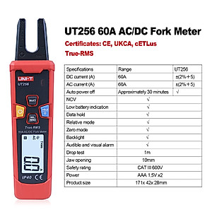 UNI-T AC/DC Open Jaw fork meter 60A 600V auto-ranging True RMS Electrical Tester Non-Contact Voltage Meter UT256