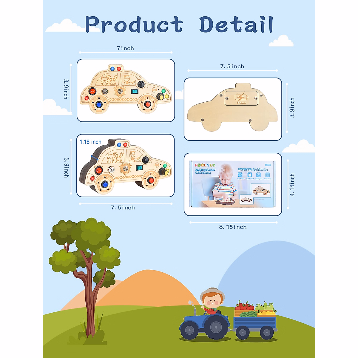 HOOLYUK Busy Board for 3+ Year Old Toddler, Wooden Car Sensory Toy for Autistic Children with LED Light Switches and Toggle Switch, Portable Fidget Toy Great for Travel